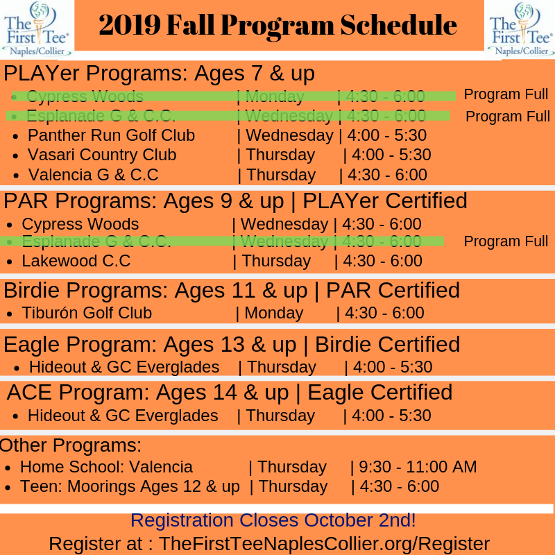 Updated 2019 Fall Program Registration Schedule – First Tee – Naples ...